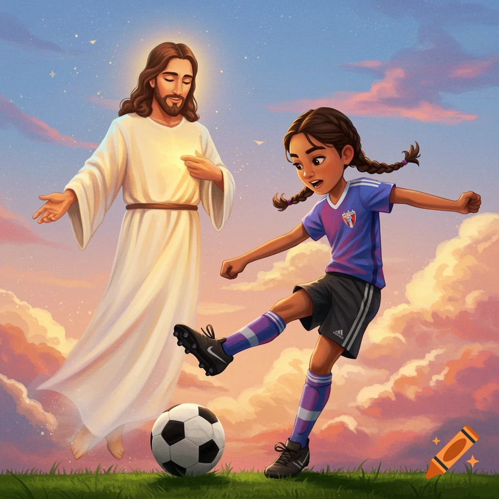 Jesus stands with a young girl playing soccer on a grassy field at ...