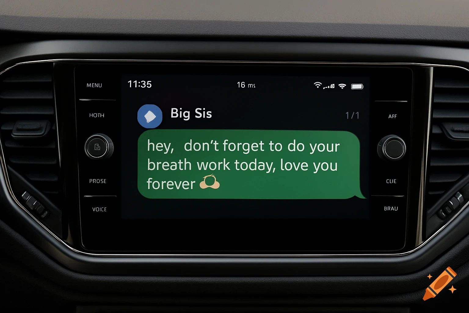 A car's infotainment screen displays a text message that reads 'hey ...