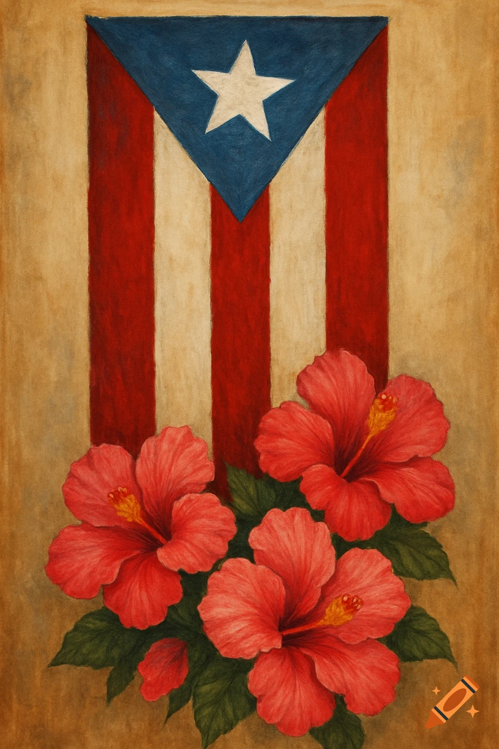 A painted image of a vertical Puerto Rican flag with red hibiscus ...