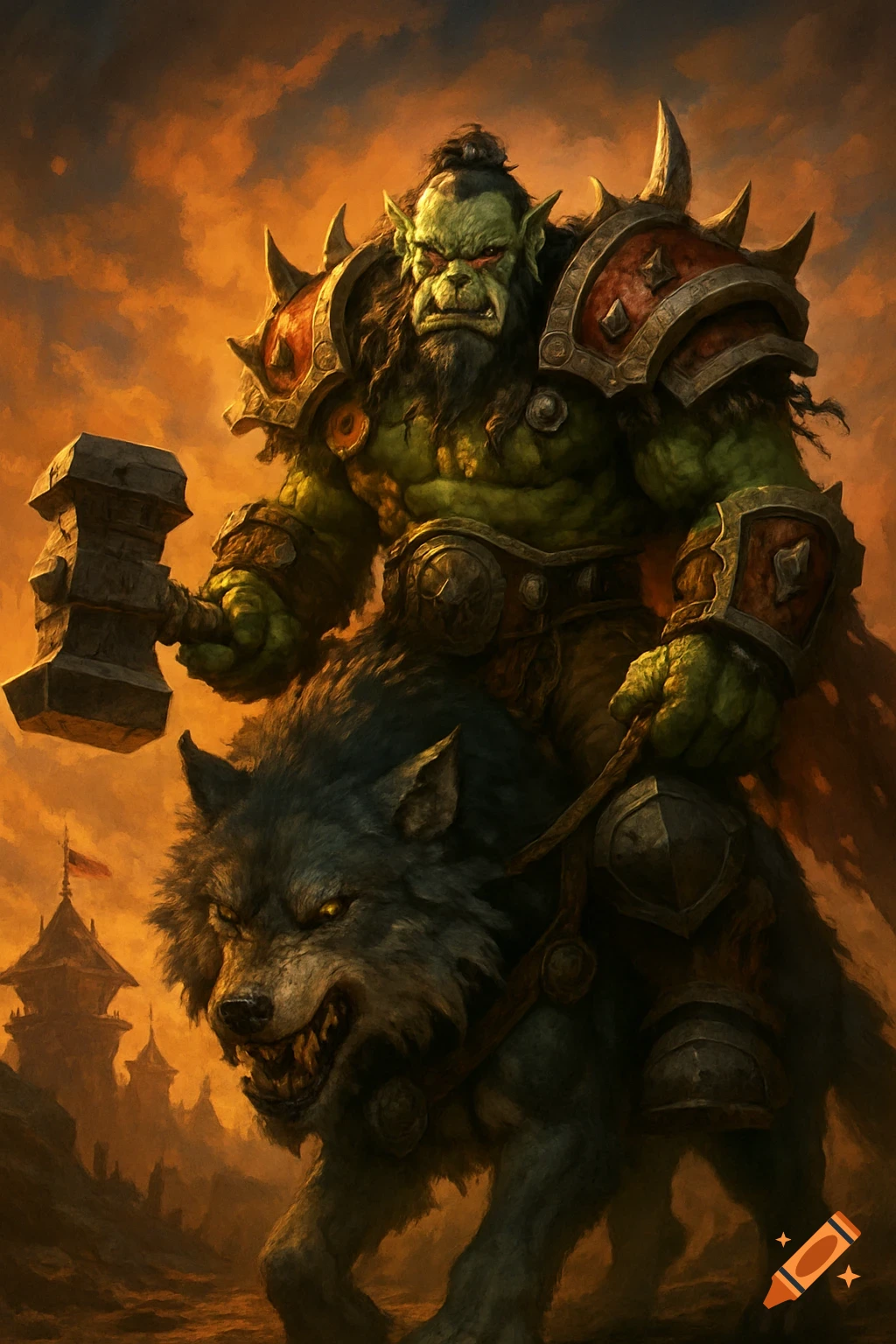 Orc warrior riding a wolf in a fantasy world with a fiery sky. on Craiyon