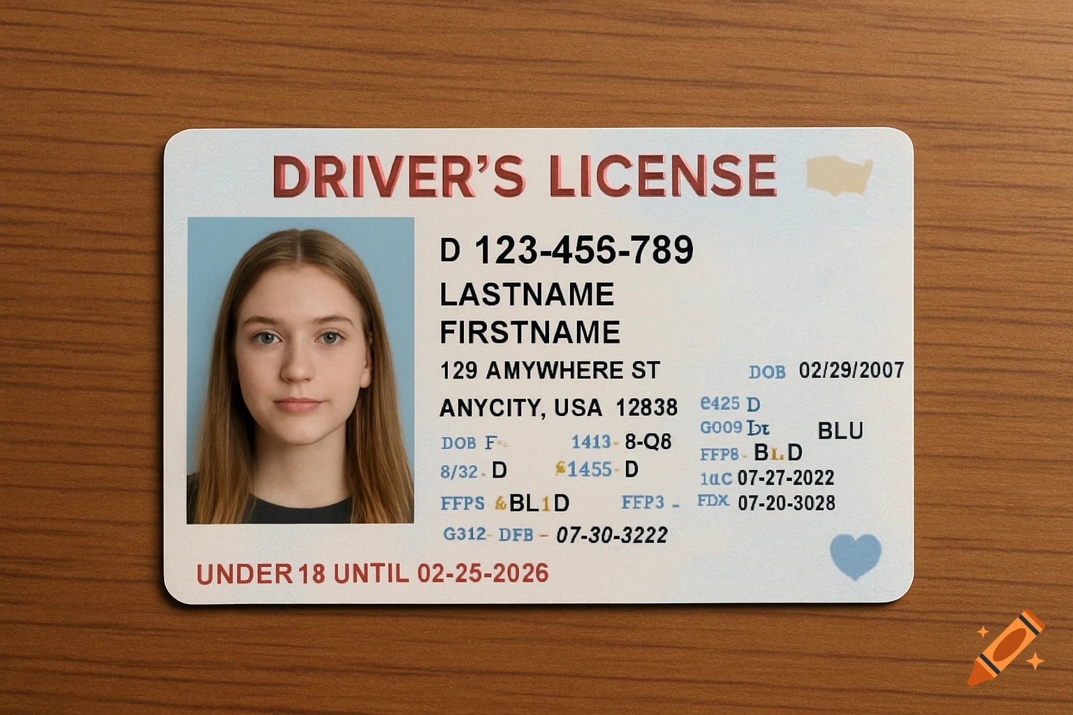 Realistic driver's license on a wooden table with a young woman's photo ...