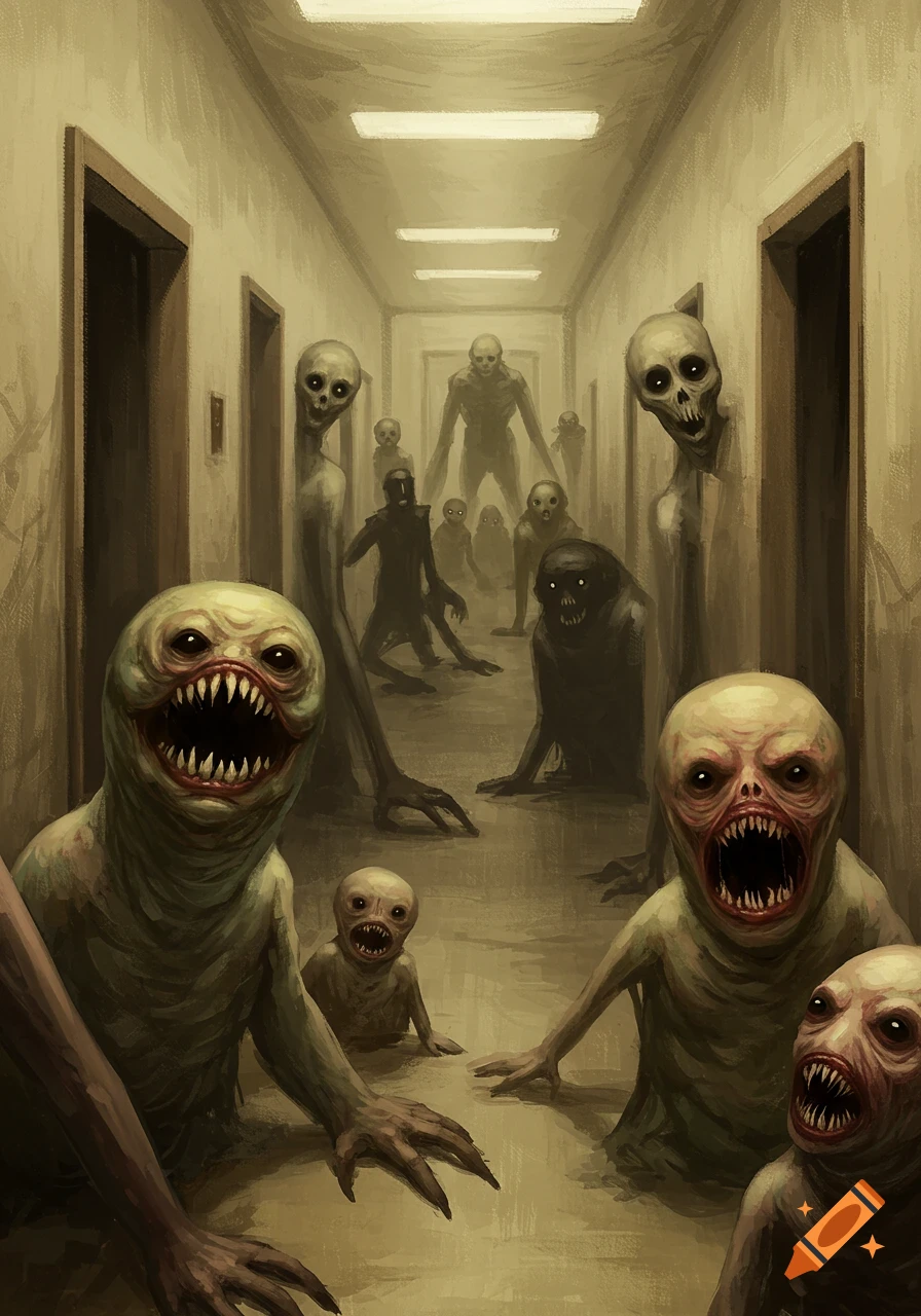 Creepy monsters filling a dark hallway in a digital painting style. on ...