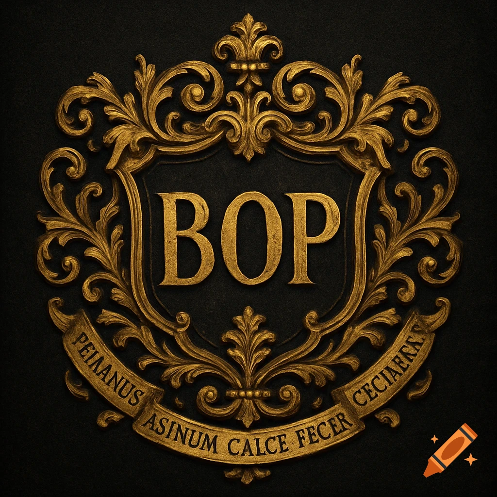 Ornate golden crest with the letters BOP in the center and text on a ...