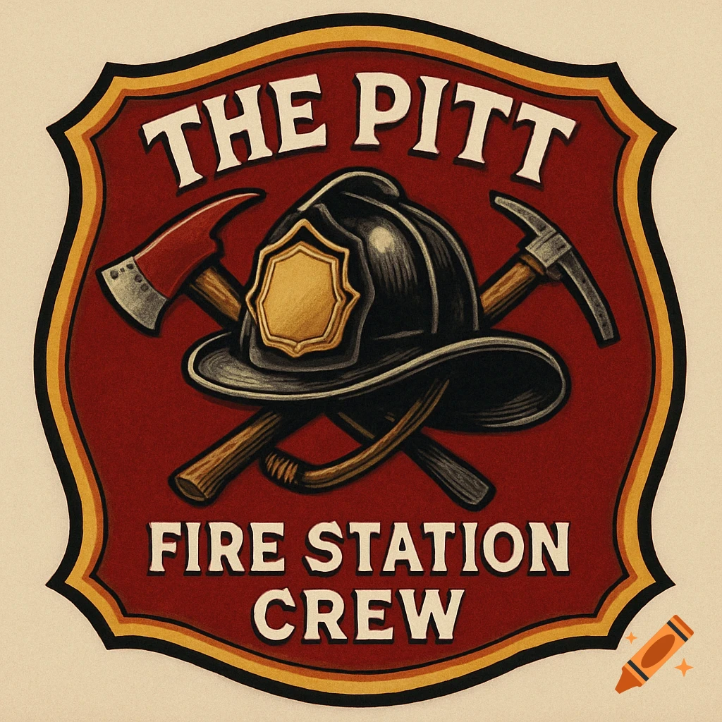 A shield-shaped logo with a firefighter helmet, crossed axe and pickaxe ...