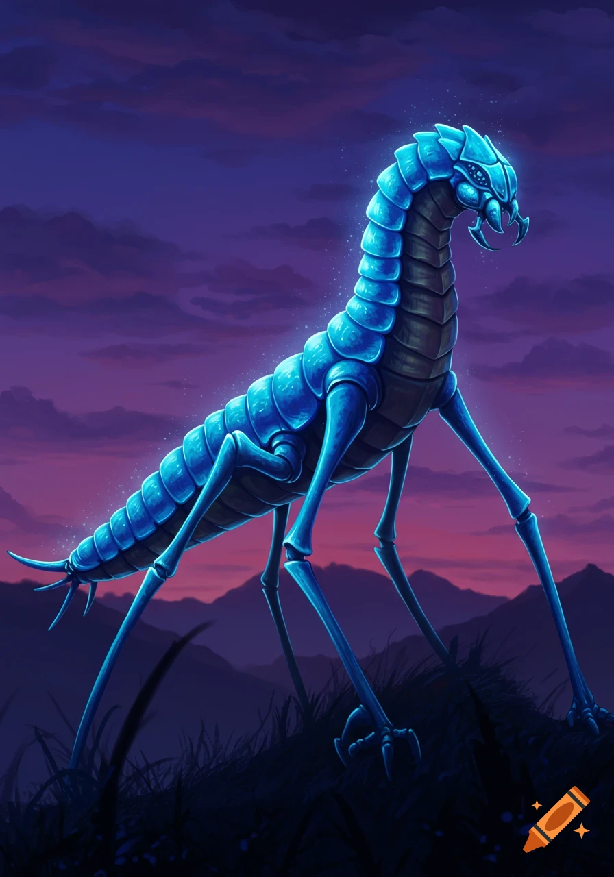 A tall, segmented blue fantasy creature stands in a grassy landscape ...