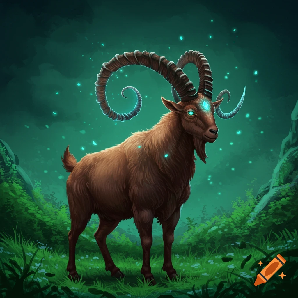 A mystical goat with large swirling horns and glowing eyes stands in a ...