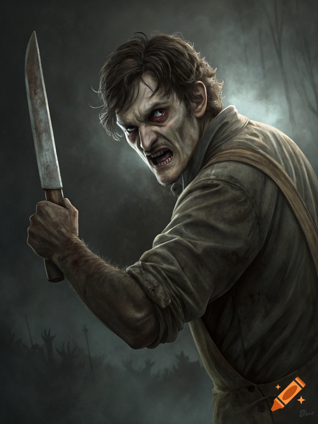 Realistic illustration of a ghoul-like man holding a large knife. on ...