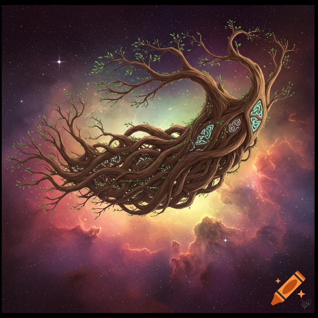 Organic tree-like spaceship floating in space with glowing celtic ...