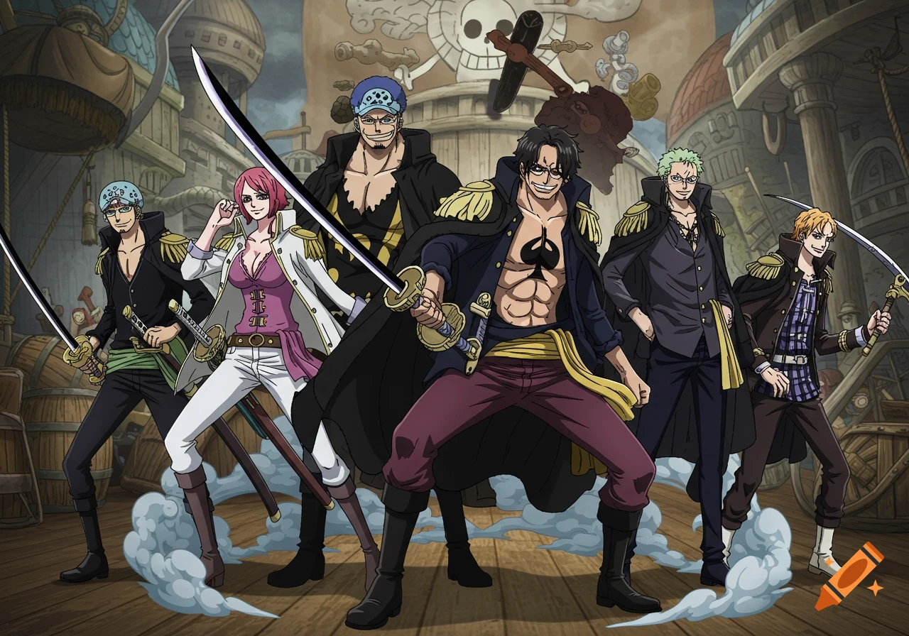 Anime style illustration of Spade Pirates crew from One Piece on a ship ...