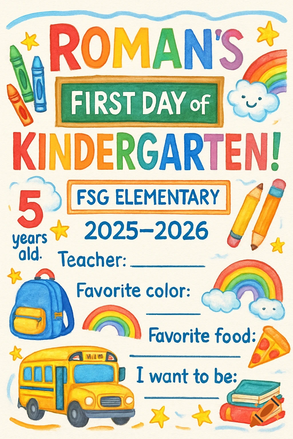 Watercolor illustration of a First Day of Kindergarten sign with text ...