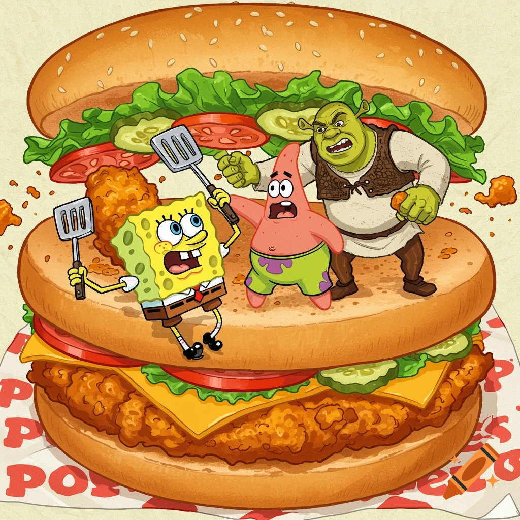 Cartoon characters SpongeBob, Patrick, and Shrek fight on a large ...
