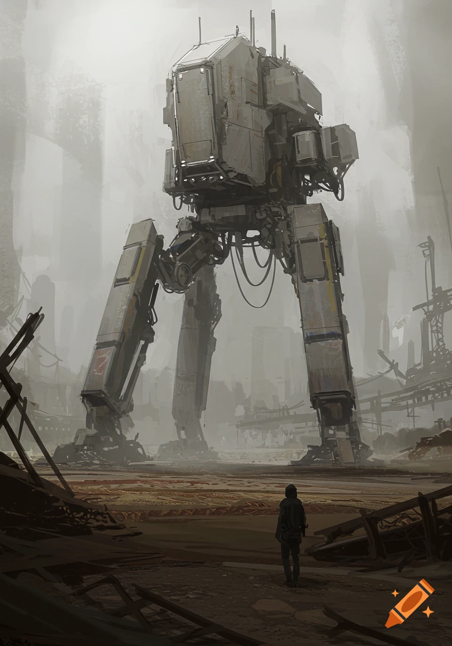 A tall, three-legged mech stands over a lone figure in a foggy ...