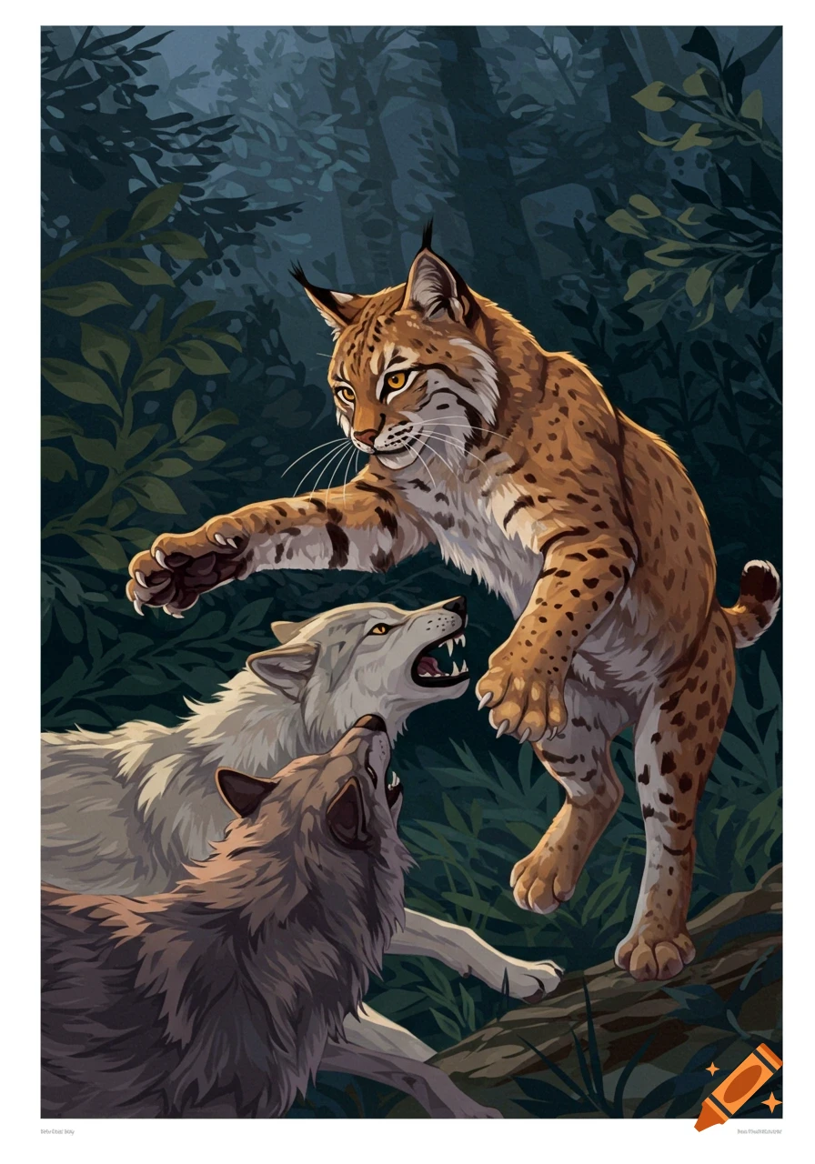 Illustration of a lynx leaping over two snarling wolves in a dark ...