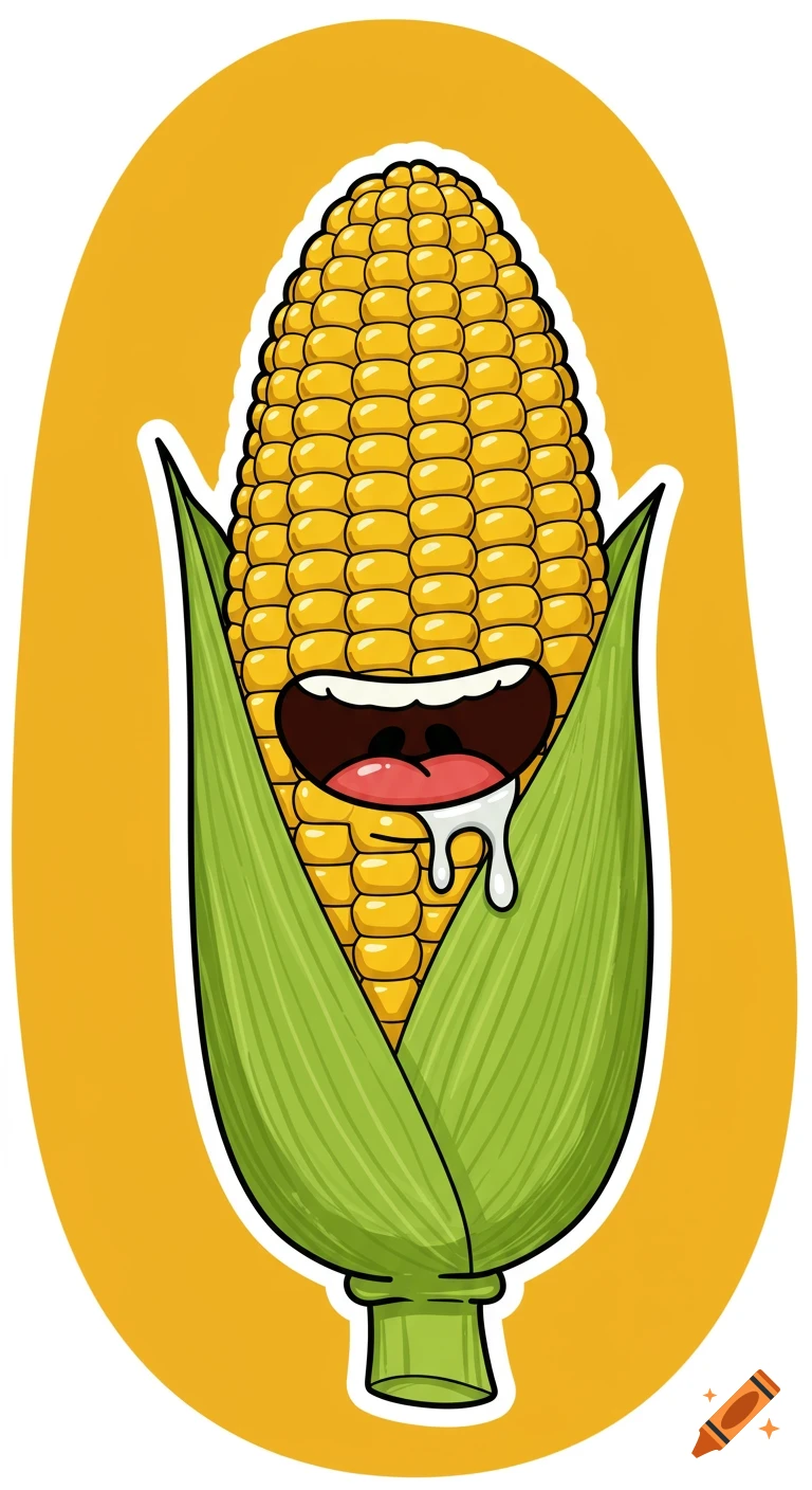 Cartoon sticker of a corn on the cob with a face and drool on Craiyon