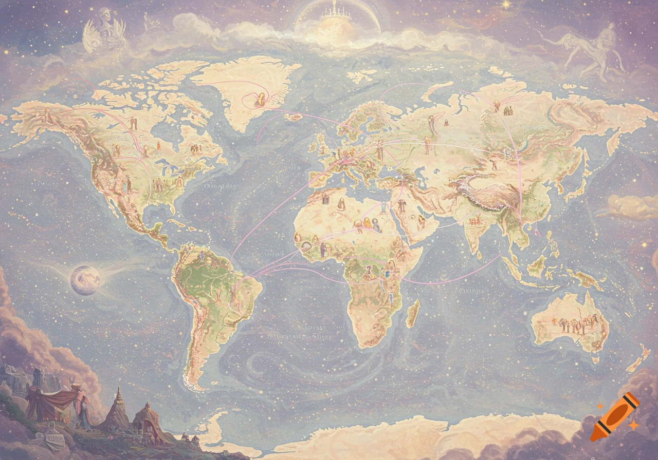 An ethereal, dreamlike world map showing figures and pink lines ...