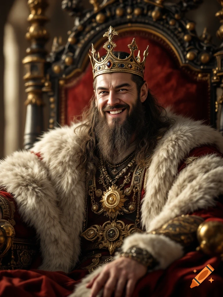 A man with a beard and crown smiles broadly, sitting on an ornate ...