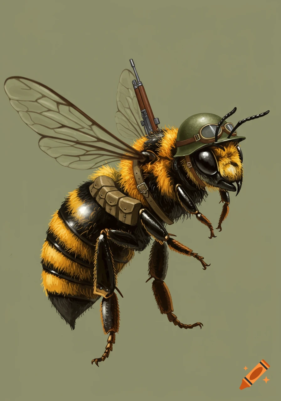 Illustration of a bee wearing a WW2 military helmet, goggles, pack, and ...