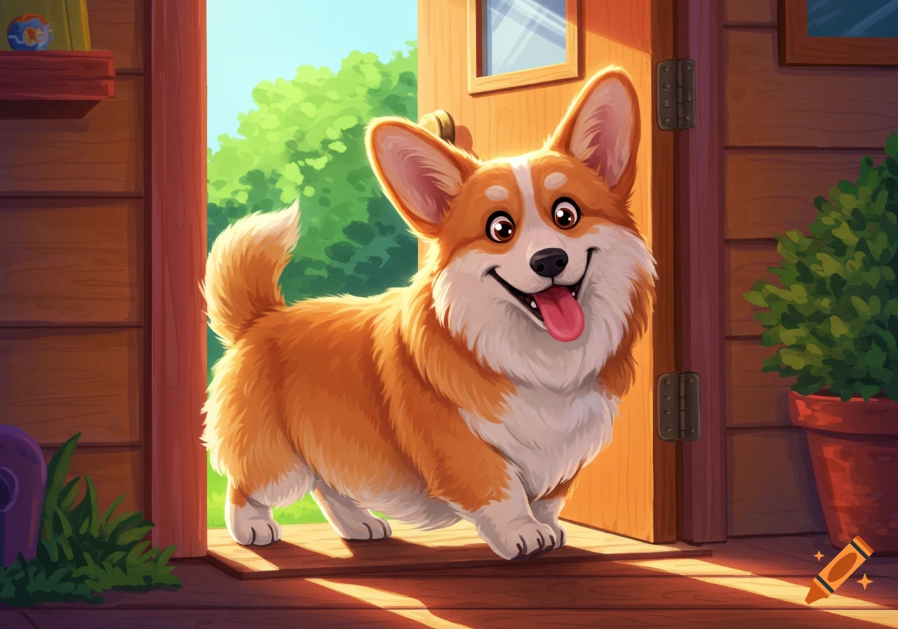 A cute cartoon corgi stands in a sunlit doorway, looking forward ...