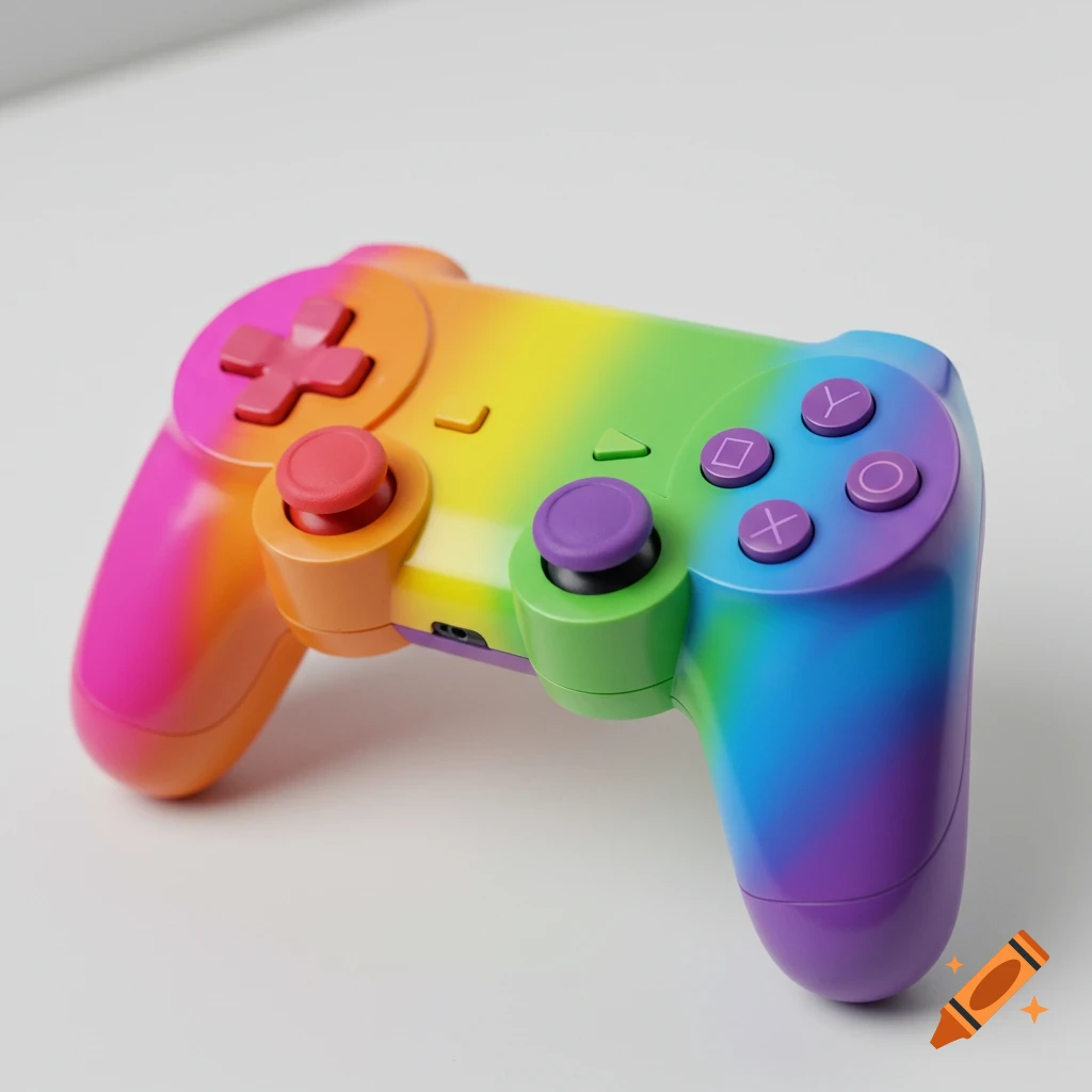 Close-up view of a game controller painted with a rainbow gradient ...