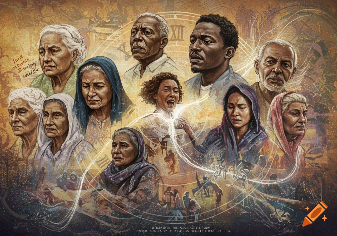 A complex illustration featuring diverse portraits of people across ...