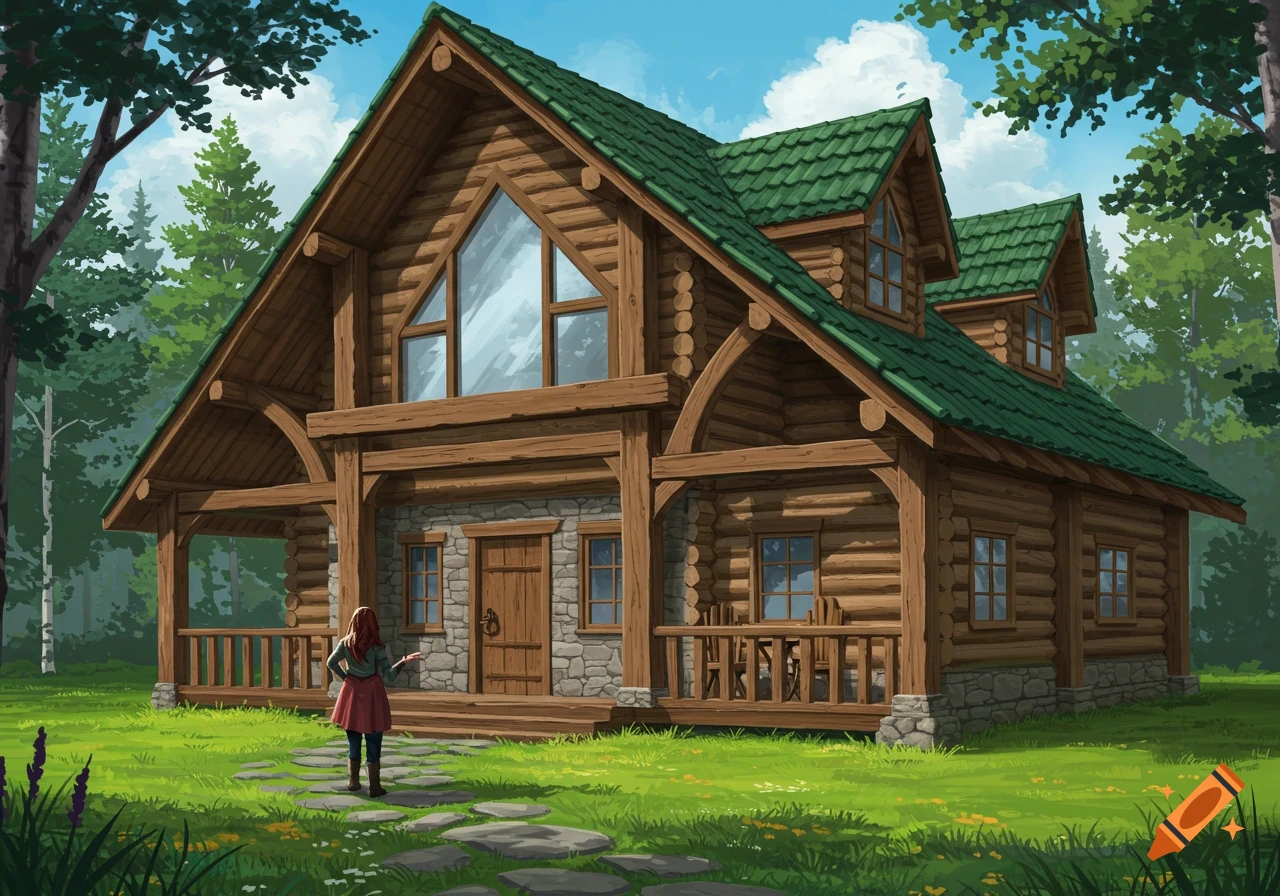 A person stands on a stone path in front of a large log cabin with a ...