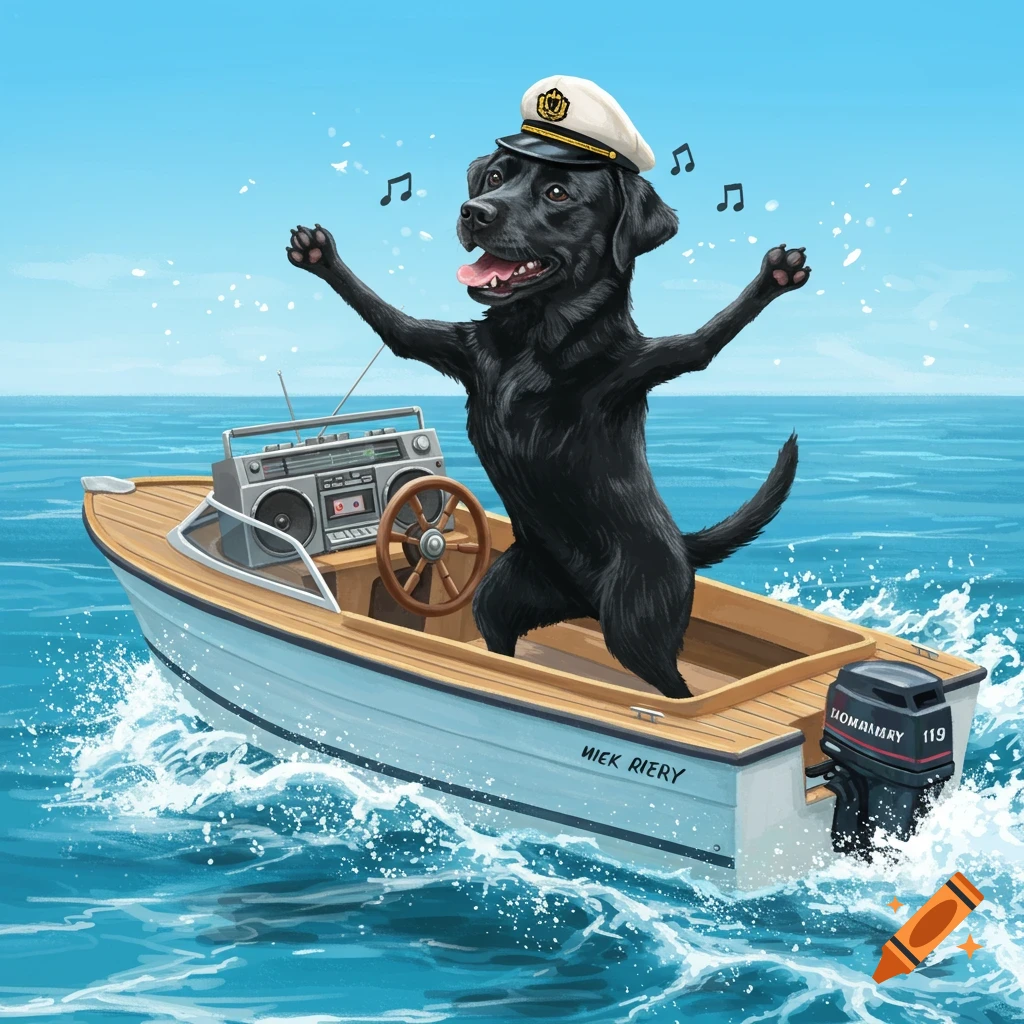 An illustration of a black lab dog wearing a captain's hat dancing in a ...