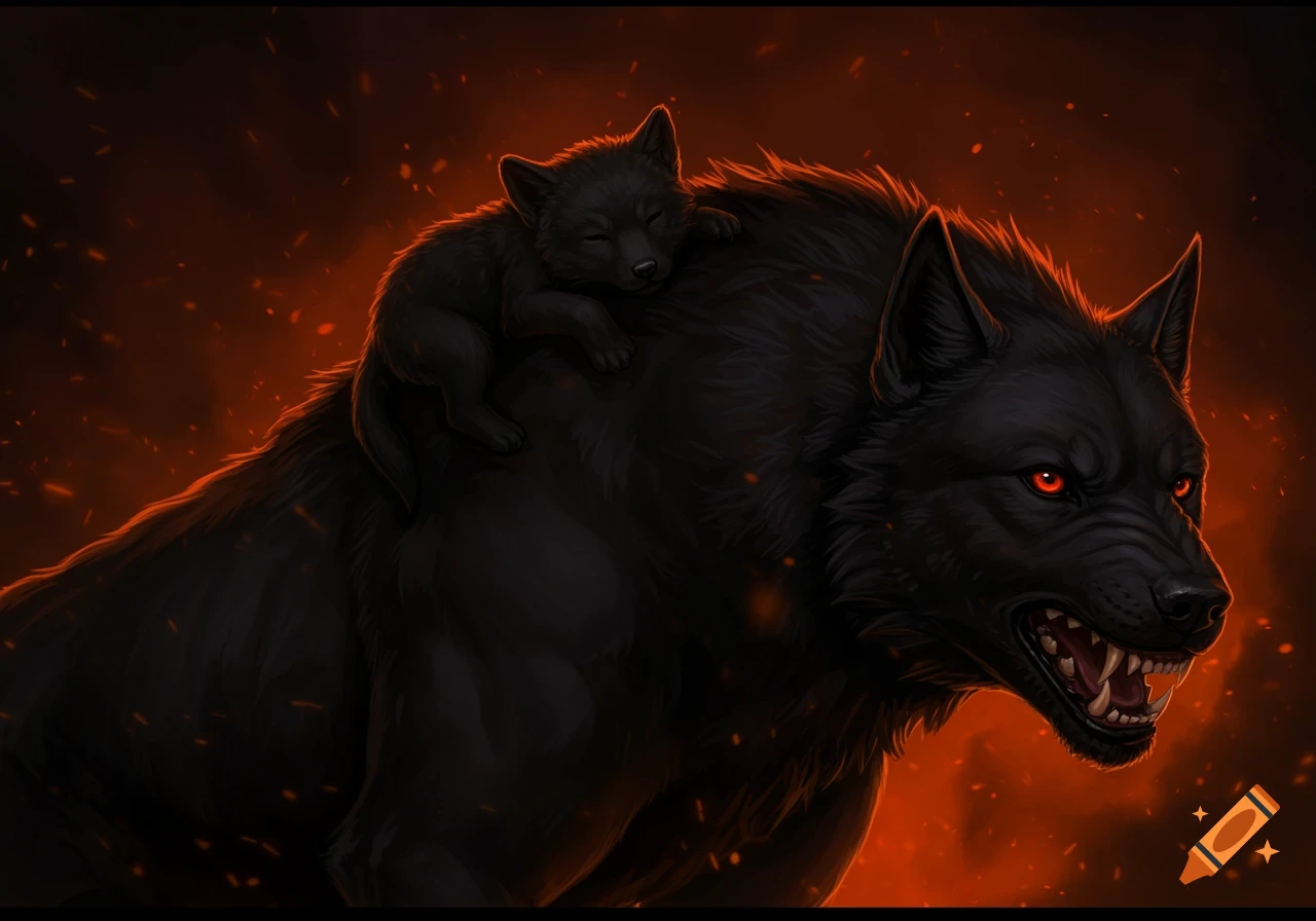 Dark illustration of a large black wolf with glowing red eyes growling ...