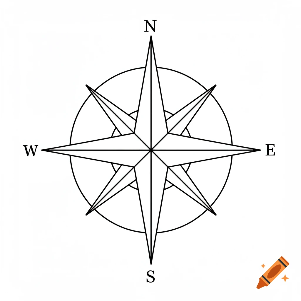 Black and white line art of a compass rose with N, W, E, S markers. on ...