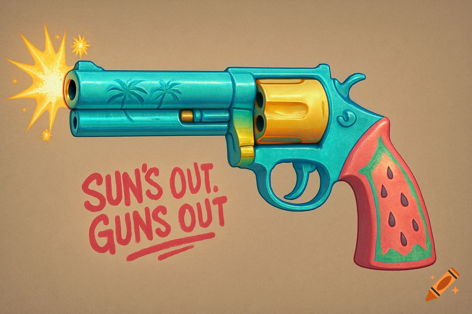 Stylized turquoise revolver with palm tree engravings, a watermelon ...