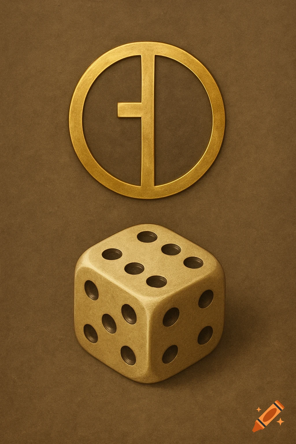 A golden circular emblem with a symbol above a golden six-sided die on ...