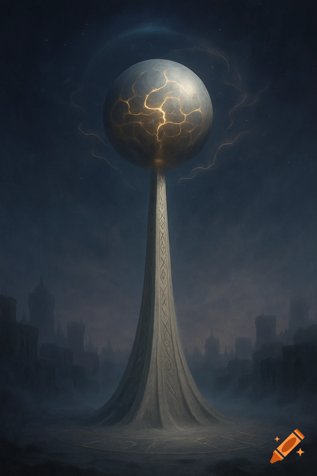 Tall rune-inscribed tower with a glowing orb above a misty cityscape ...