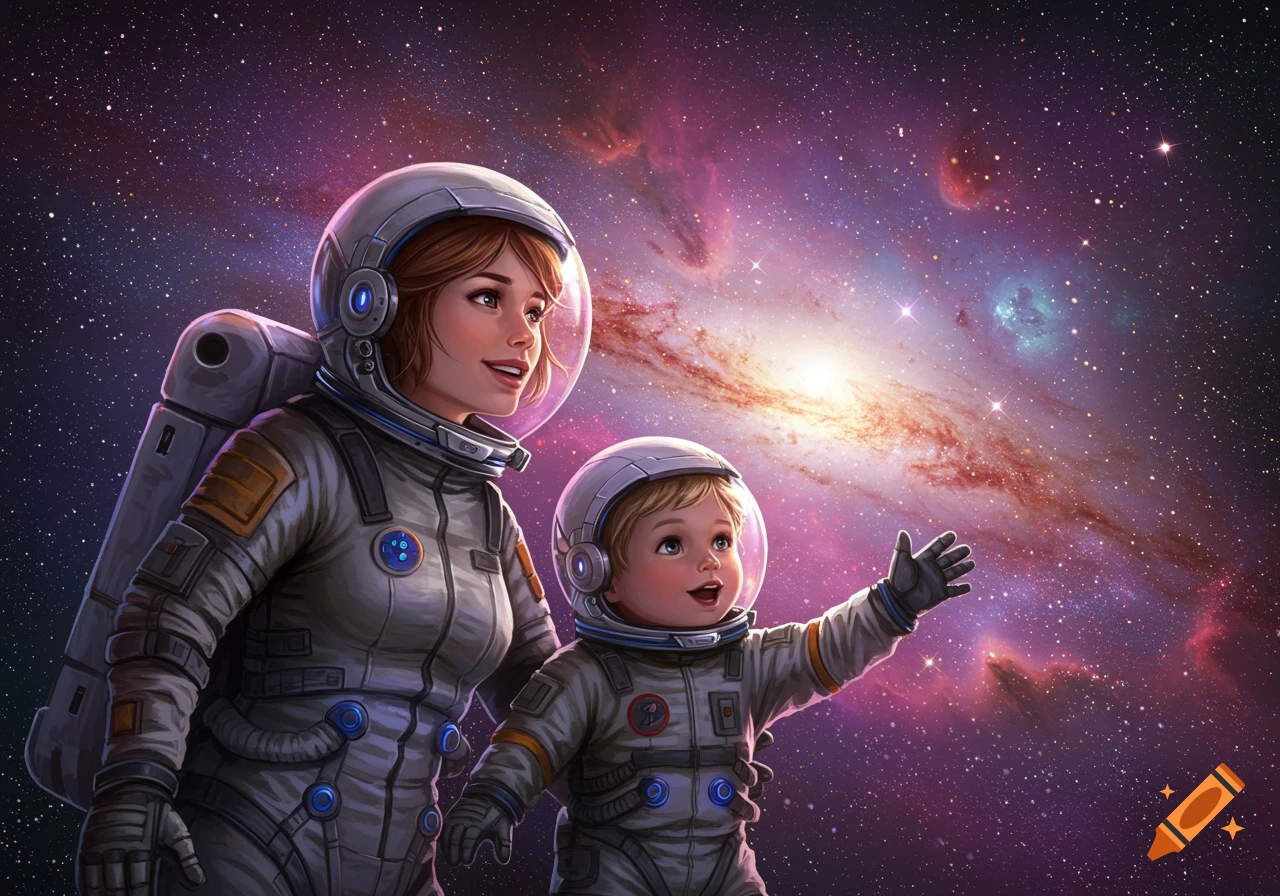 A woman and child in astronaut suits float in space among stars and galaxies. on Craiyon