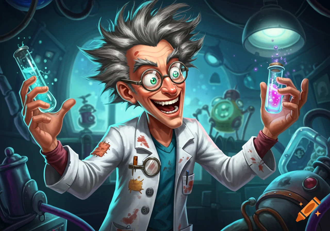 A cartoon illustration of a mad scientist holding two beakers filled with glowing liquid in a ...
