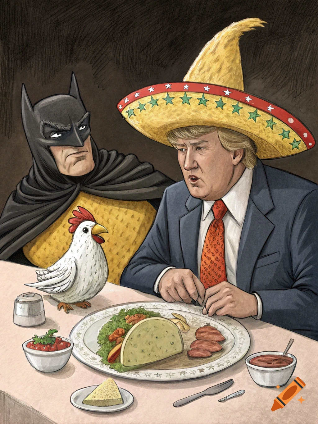 Illustration of Batman and Donald Trump in a sombrero having dinner ...