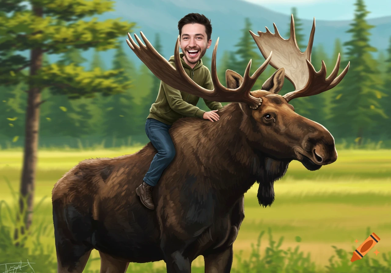 A man rides a large moose through a sunny forest landscape. on Craiyon