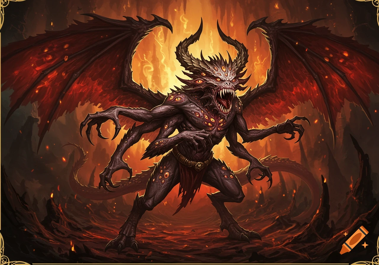 Multi-eyed, multi-armed demonic creature with wings in a fiery ...