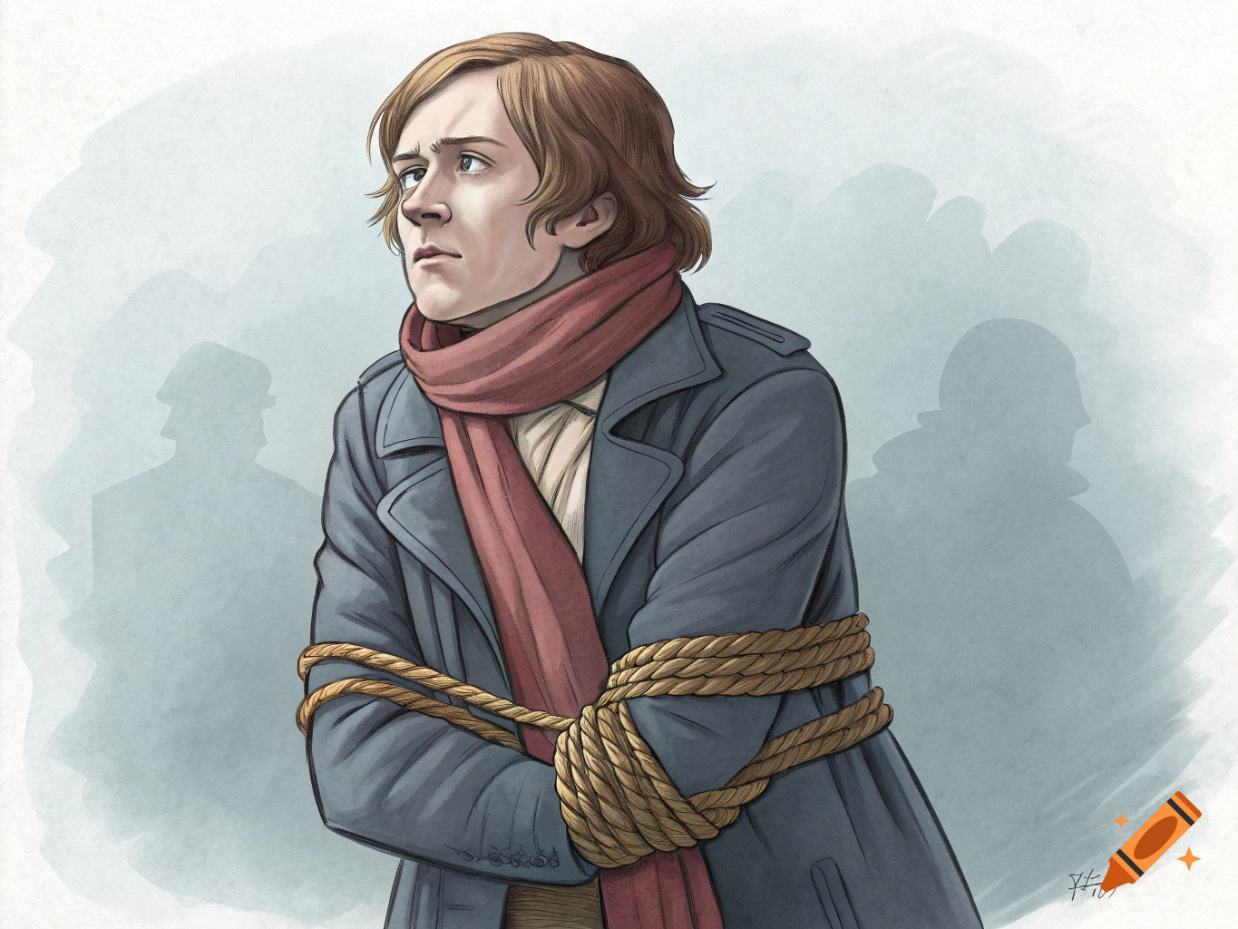 Illustration of a young man tied up with rope, wearing a blue coat and ...