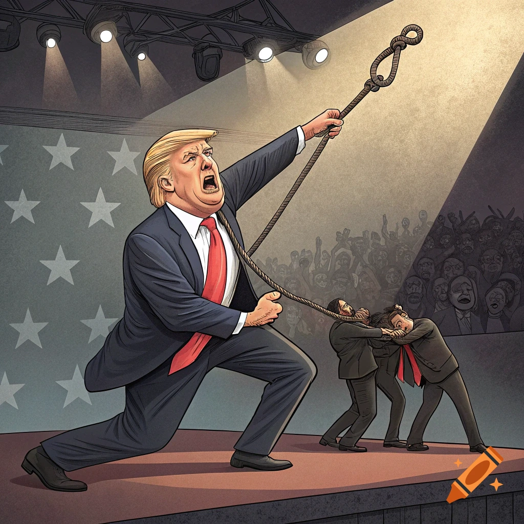 Illustration of Donald Trump being pulled off a stage by a rope with ...