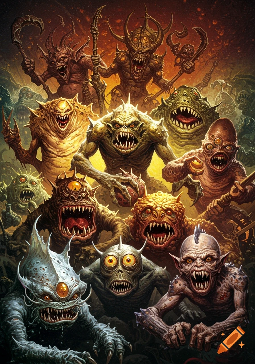 Painting of a crowd of grotesque monsters with sharp teeth and horns ...