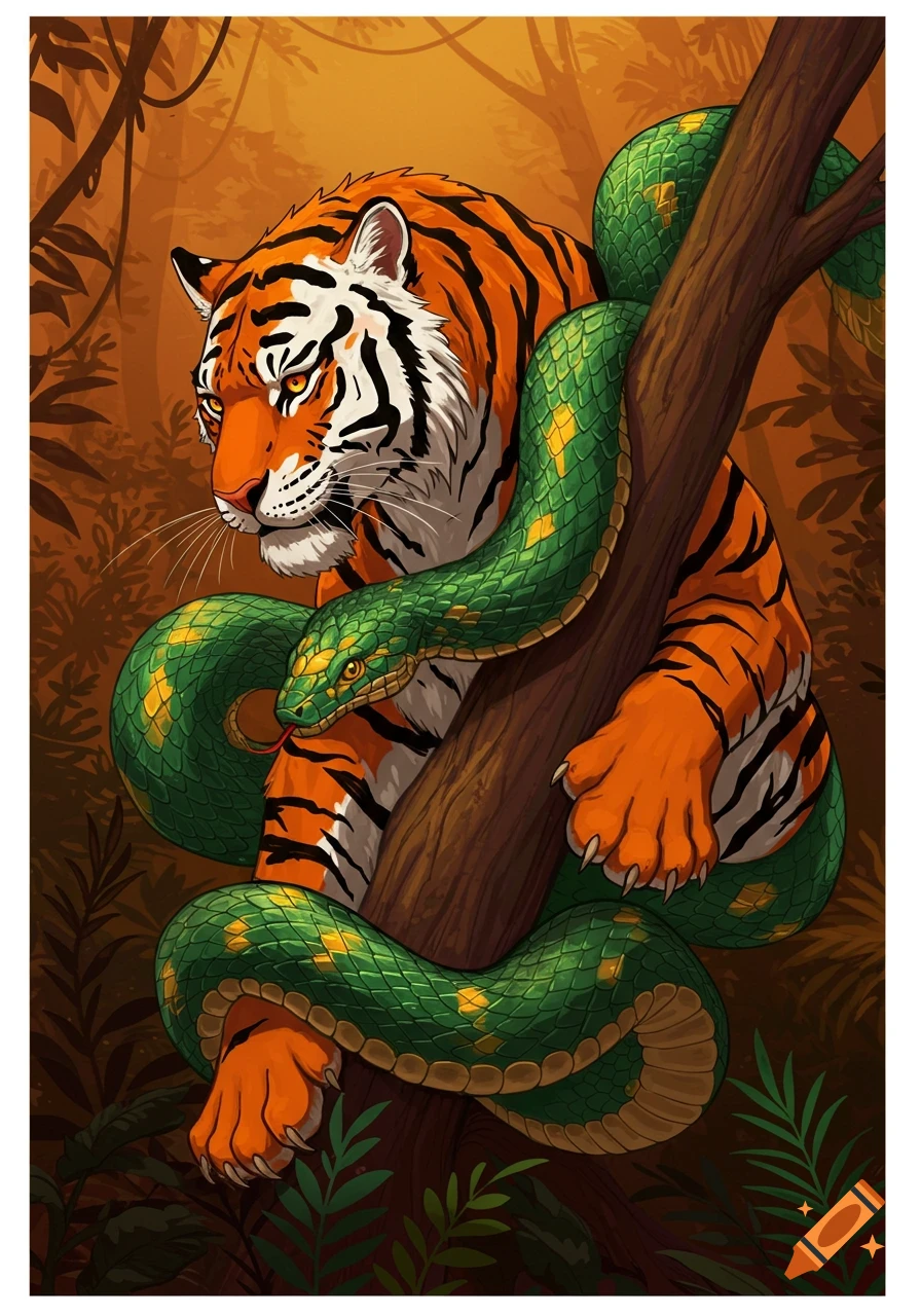 Illustration of a tiger and a green snake wrapped around a tree branch ...
