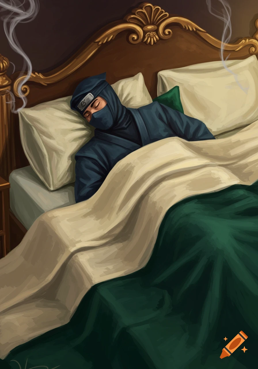 An illustration of a ninja sleeping soundly in a large bed, with smoke ...