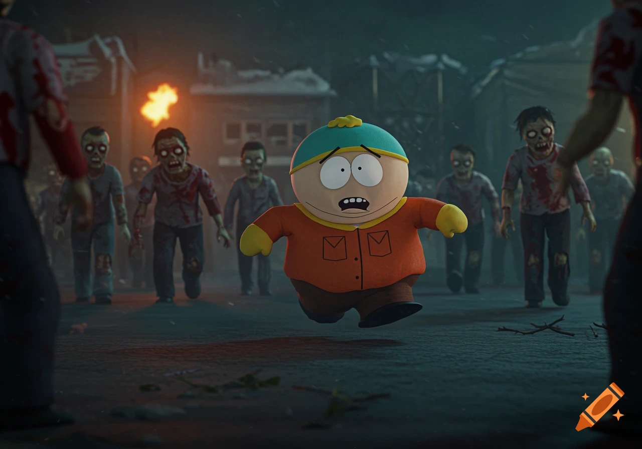 Cartman from South Park runs terrified from a horde of zombies in a ...
