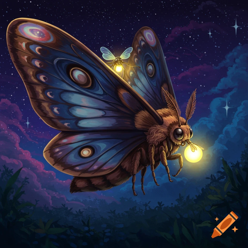 A large moth carrying a glowing firefly flies through a starry night ...