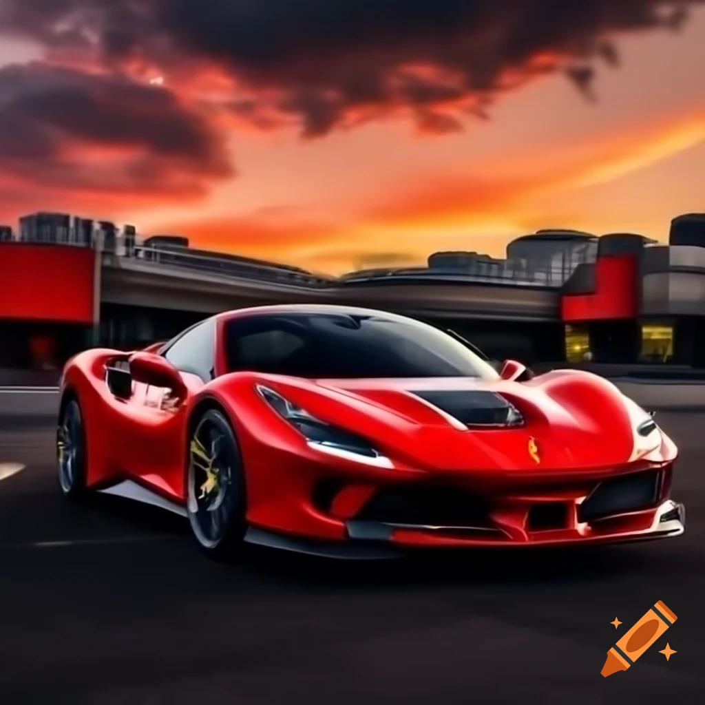 High-end red Ferrari parked on modern city street at sunset with ...