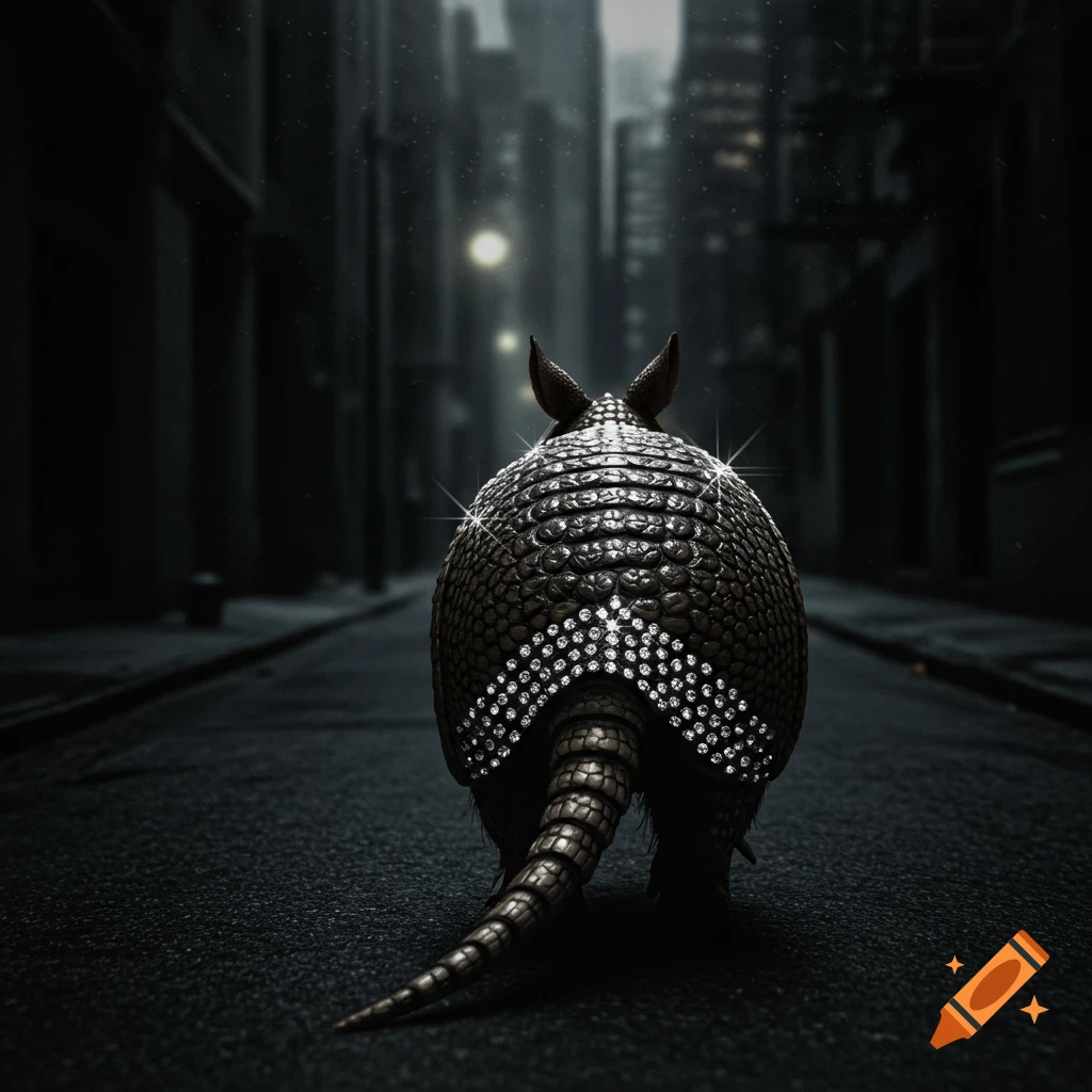 Armadillo with a rhinestone shell walks down a dark city street at night. on Craiyon