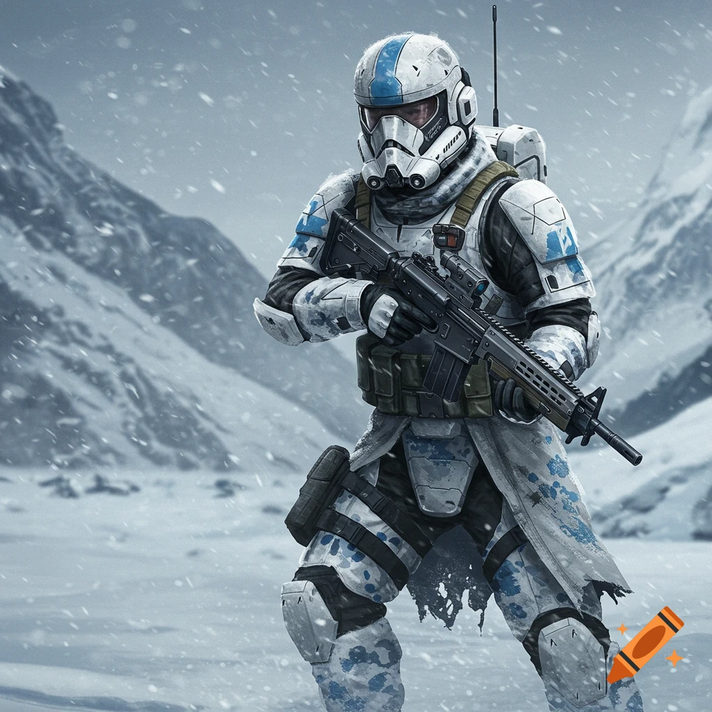 A sci-fi arctic soldier in white and blue armor stands in a snowy ...