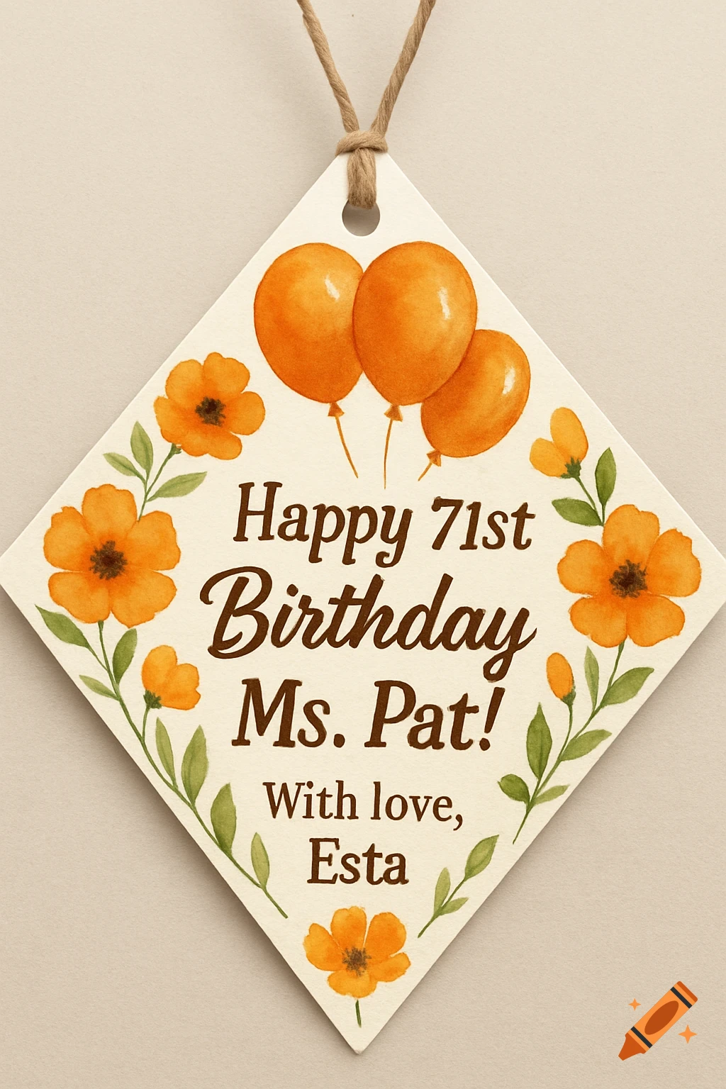 Watercolor diamond-shaped gift tag with orange flowers and balloons and ...