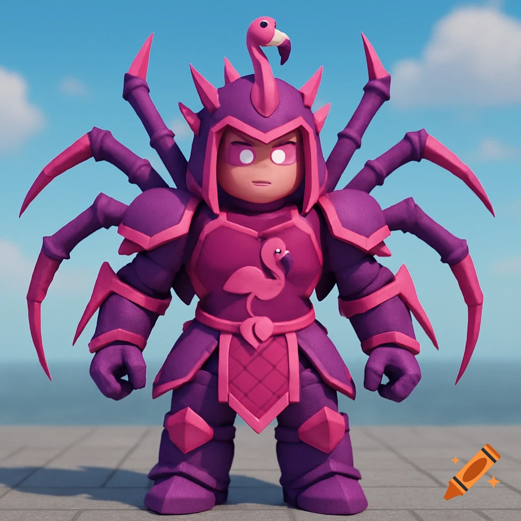 A Roblox-style character in purple and pink armor with spider legs and ...