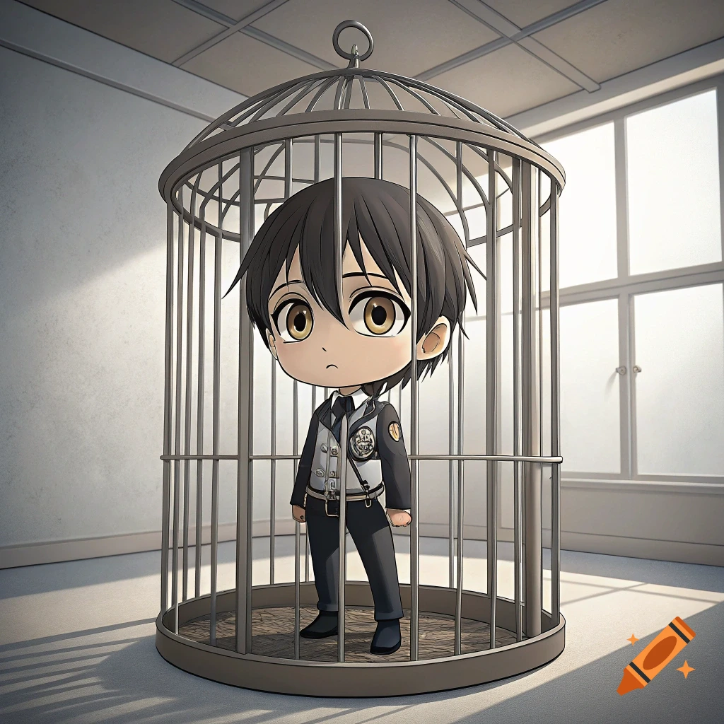 A chibi anime character stands inside a cage in a room. on Craiyon