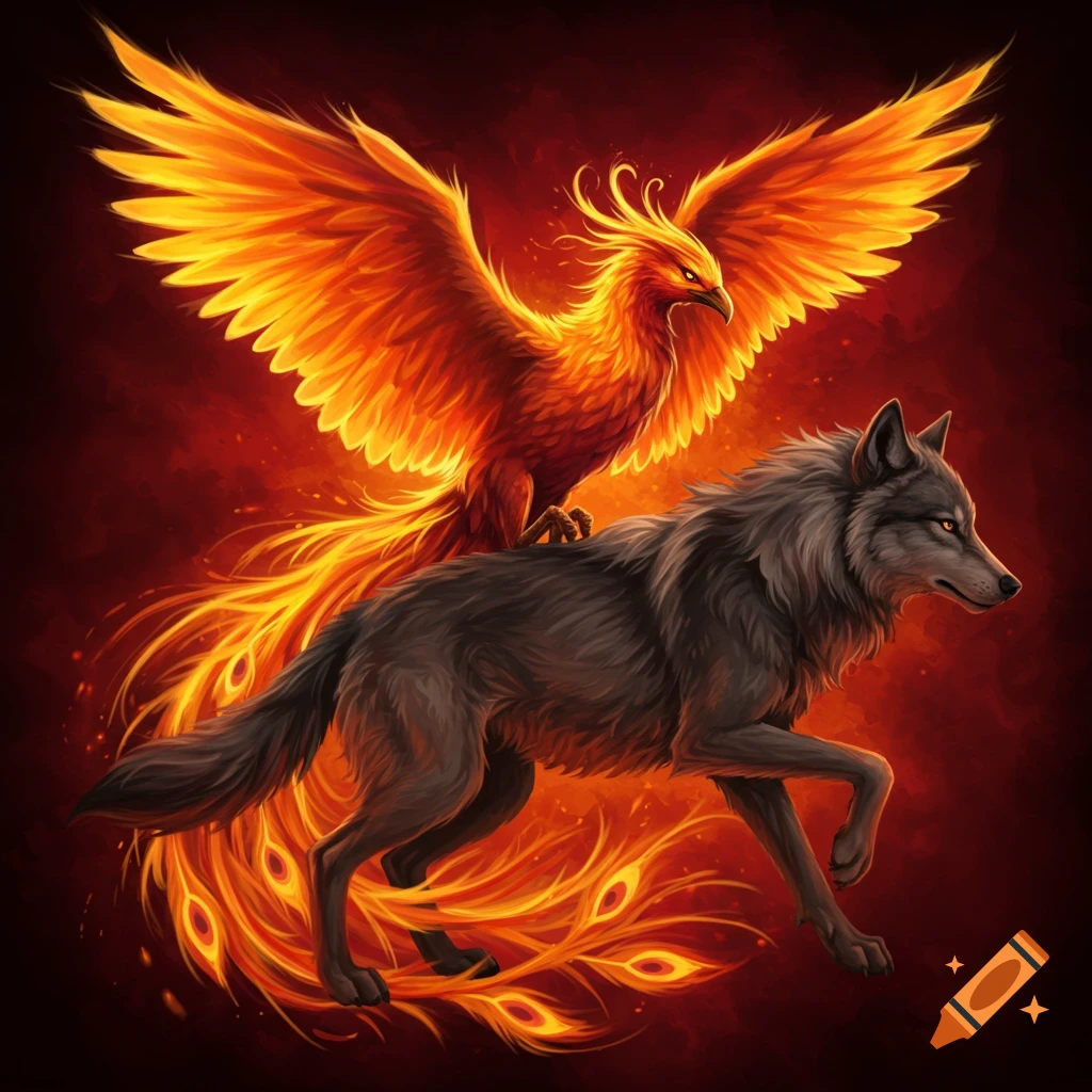A fiery phoenix rides on the back of a wolf, surrounded by flames, in a ...
